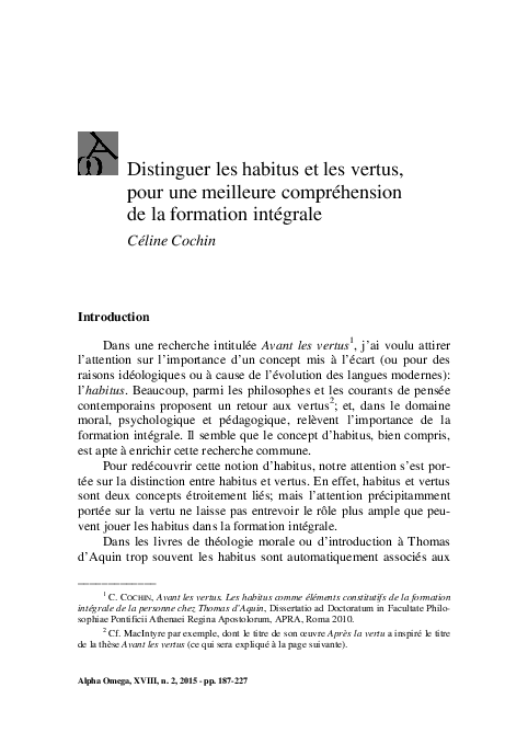 (PDF) Distinguer les habitus et les vertus, pour une meilleure ...