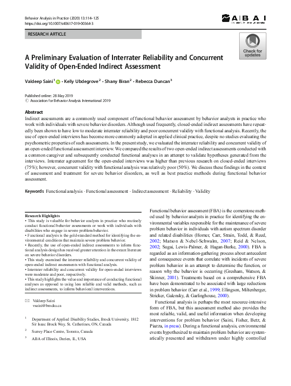 Pdf A Preliminary Evaluation Of Interrater Reliability And Concurrent Validity Of Open Ended