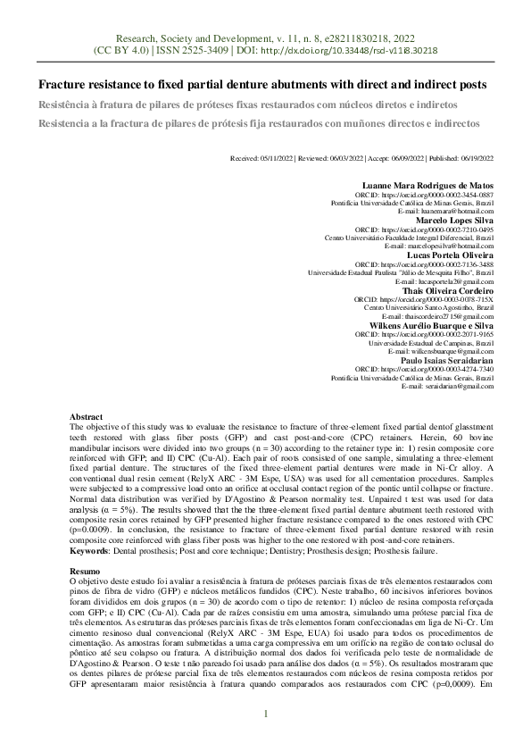 (PDF) Fracture resistance to fixed partial denture abutments with direct and indirect posts ...