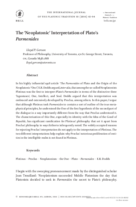 (PDF) The ‘Neoplatonic’ Interpretation of Plato’s Parmenides