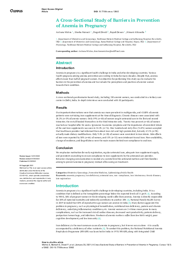 (PDF) A Cross-Sectional Study of Barriers in Prevention of Anemia in ...
