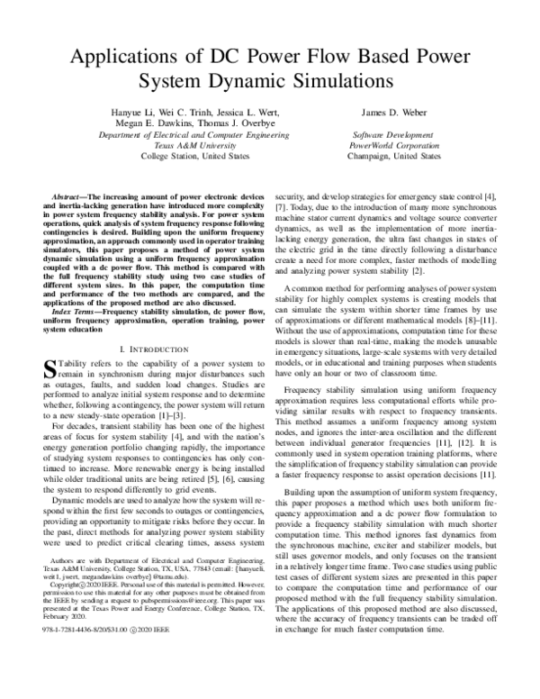(PDF) Applications of DC Power Flow Based Power System Dynamic Simulations