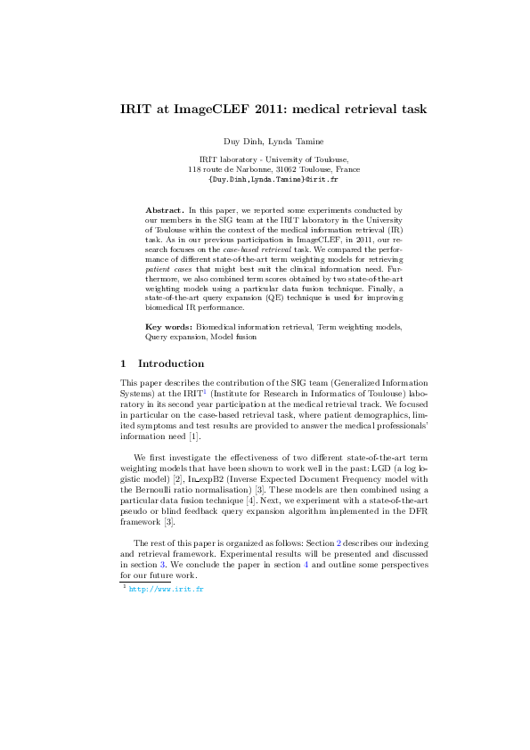(PDF) IRIT at ImageCLEF 2011: Medical Retrieval Task