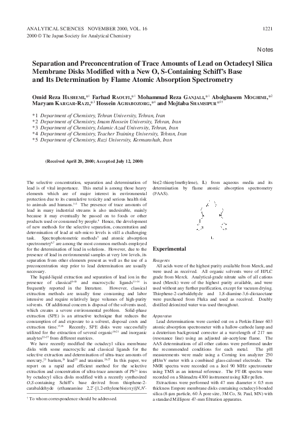 Pdf Separation And Preconcentration Of Trace Amounts Of Lead On Octadecyl Silica Membrane