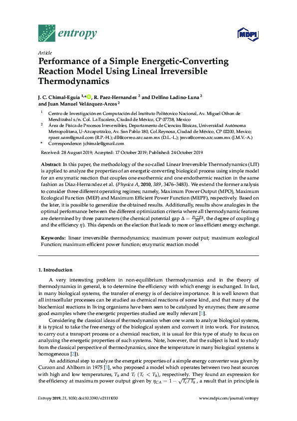 (PDF) Performance of a simple energetic-converting reaction model using ...