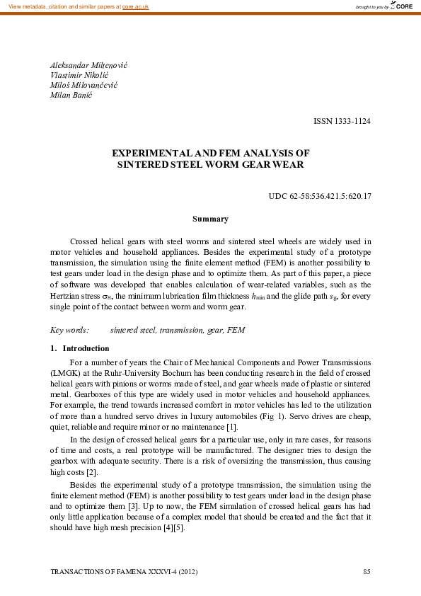 (PDF) Experimental and Fem Analysis of Sintered Steel Worm Gear Wear