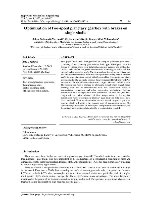 (PDF) Optimization of two-speed planetary gearbox with brakes on single ...