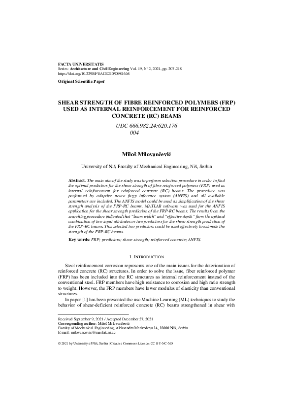 Pdf Shear Strength Of Fibre Reinforced Polymers Frp Used As Internal Reinforcement For