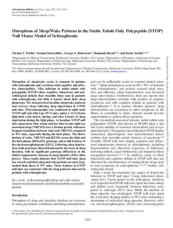 (PDF) Disruptions of Sleep/Wake Patterns in the Stable Tubule Only ...