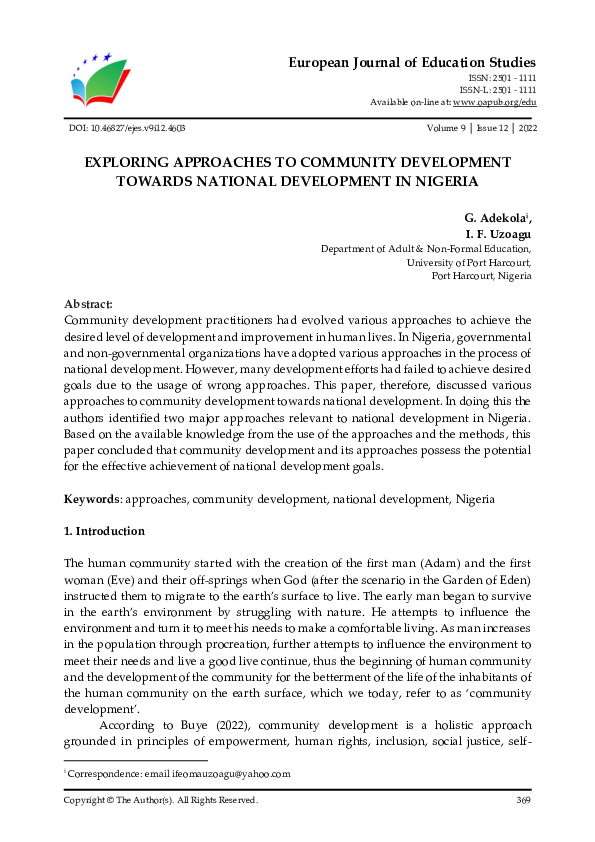 (PDF) Exploring Approaches to Community Development Towards National Development in Nigeria
