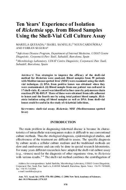 (PDF) Ten Years' Experience of Isolation of Rickettsia spp. from Blood ...