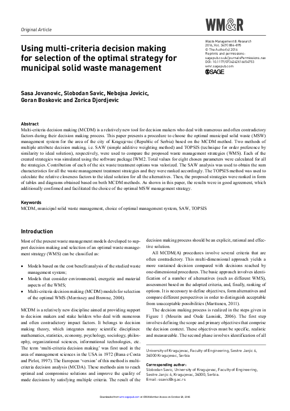Pdf Using Multi Criteria Decision Making For Selection Of The Optimal Strategy For Municipal