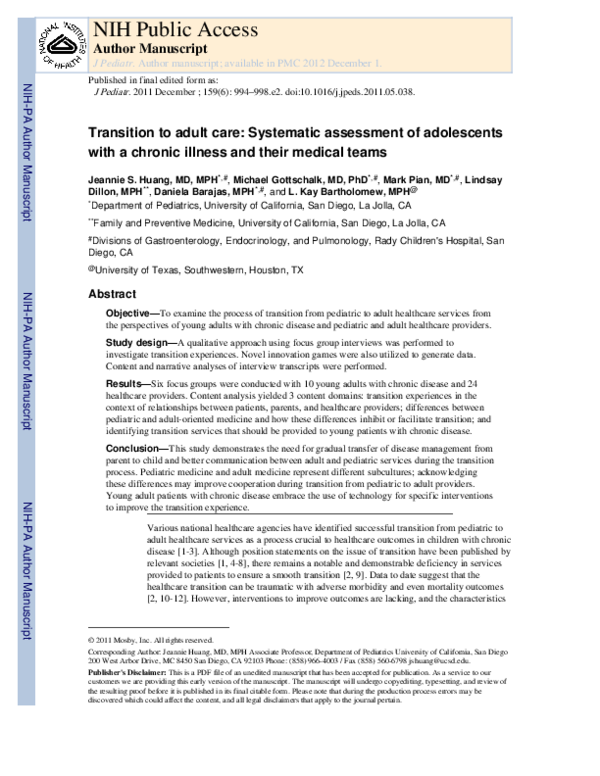 (PDF) Transition to Adult Care: Systematic Assessment of Adolescents ...