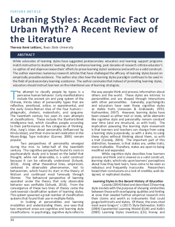(PDF) Learning Styles: Academic Fact or Urban Myth? A Recent Review of ...