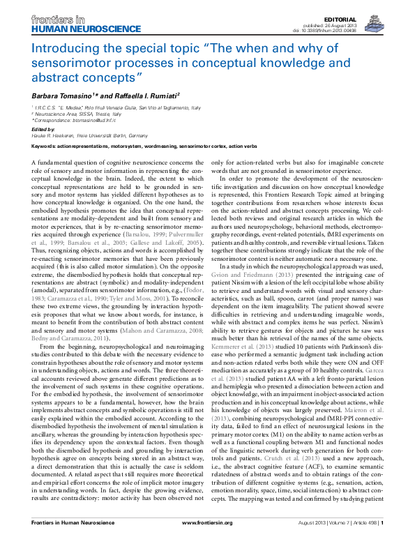 Pdf Introducing The Special Topic The When And Why Of Sensorimotor Processes In Conceptual