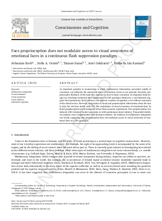 (PDF) Face proprioception does not modulate access to visual awareness of emotional faces in a ...