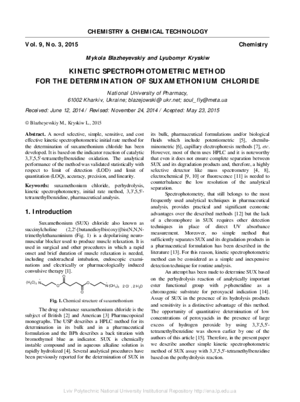 Pdf Kinetic Spectrophotometric Method For The Determination Of Suxamethonium Chloride Mykola