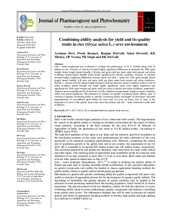 (PDF) Combining ability analysis for yield and its quality traits in rice (Oryza sativa L.) over ...