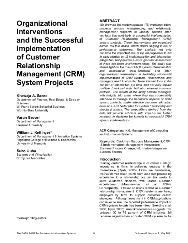 Pdf The Successful Implementation Of Customer Relationship Management