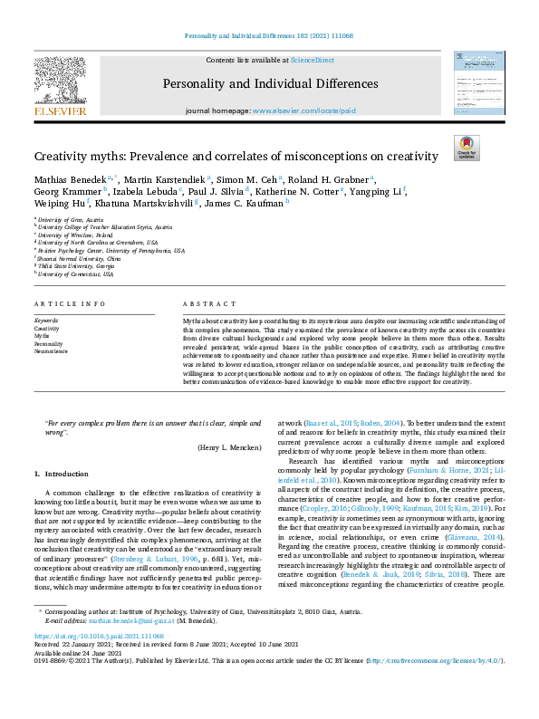 (PDF) Creativity myths: Prevalence and correlates of misconceptions on ...