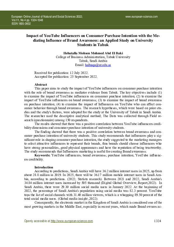 (PDF) Impact of YouTube Influencers on Consumer Purchase Intention with the Mediating Influence ...