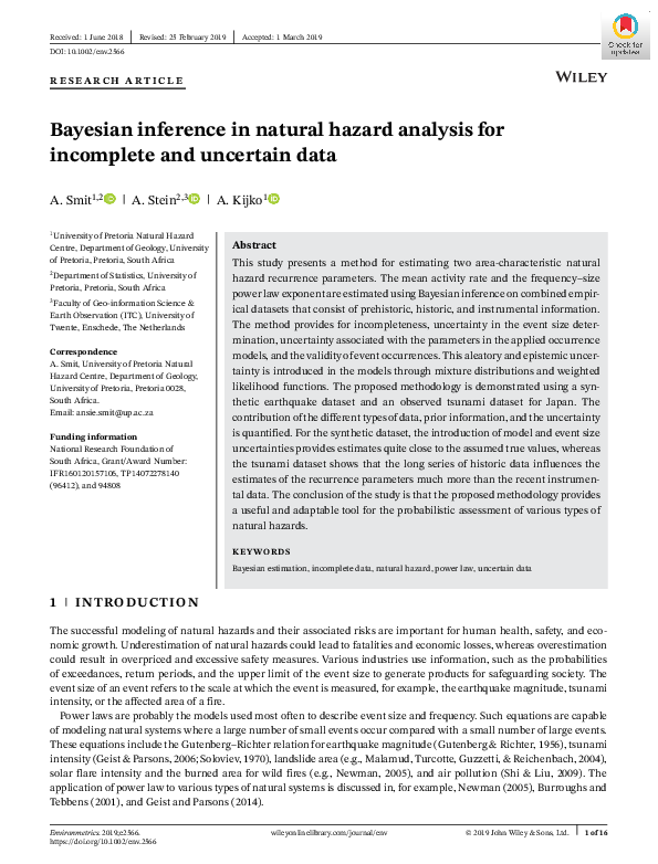 (PDF) Bayesian inference in natural hazard analysis for incomplete and uncertain data