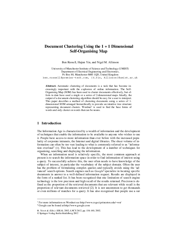 (PDF) Document Clustering Using the 1 + 1 Dimensional Self-Organising Map