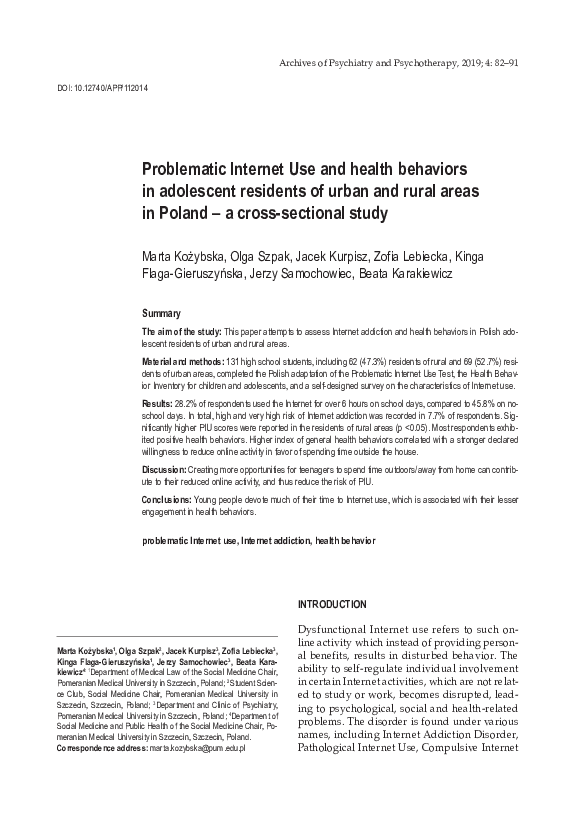 (PDF) Problematic Internet Use and health behaviors in adolescent ...