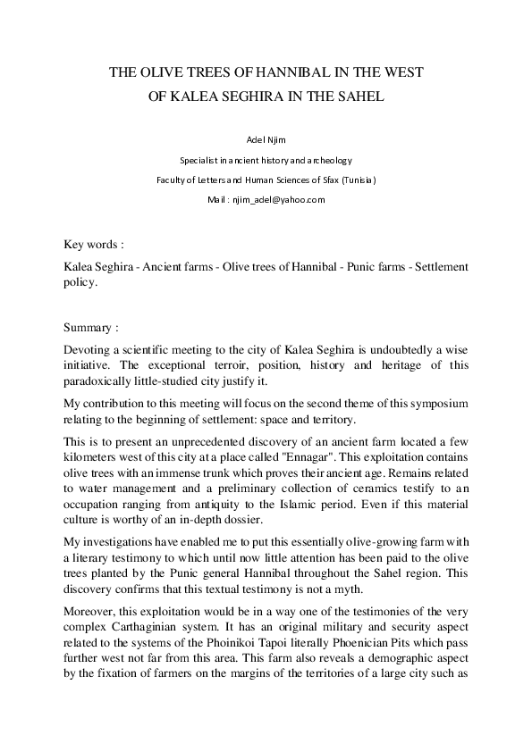 (PDF) THE OLIVE TREES OF HANNIBAL IN THE WEST OF KALEA SEGHIRA IN THE SAHEL