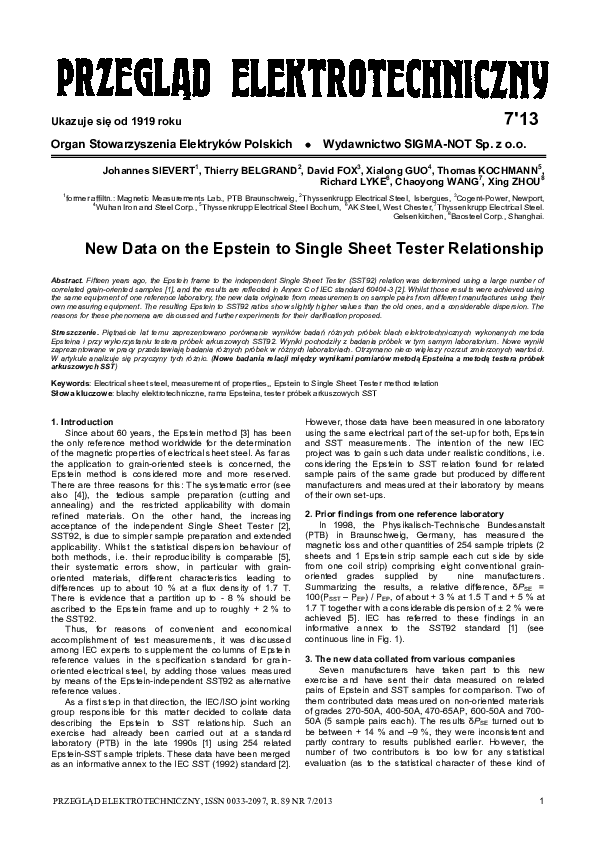 (PDF) New Data on the Epstein to Single Sheet Tester Relationship
