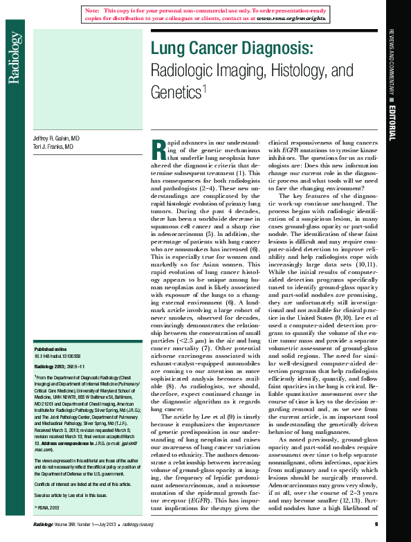 (PDF) Lung Cancer diagnosis: Radiologic Imaging, Histology, and Genetics 1