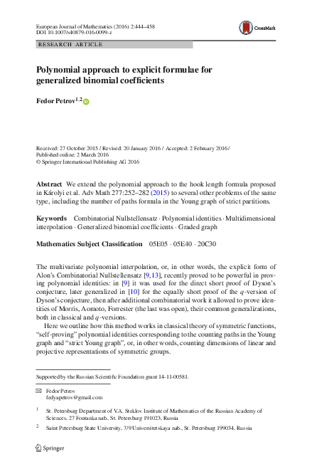 Pdf Polynomial Approach To Explicit Formulae For Generalized Binomial