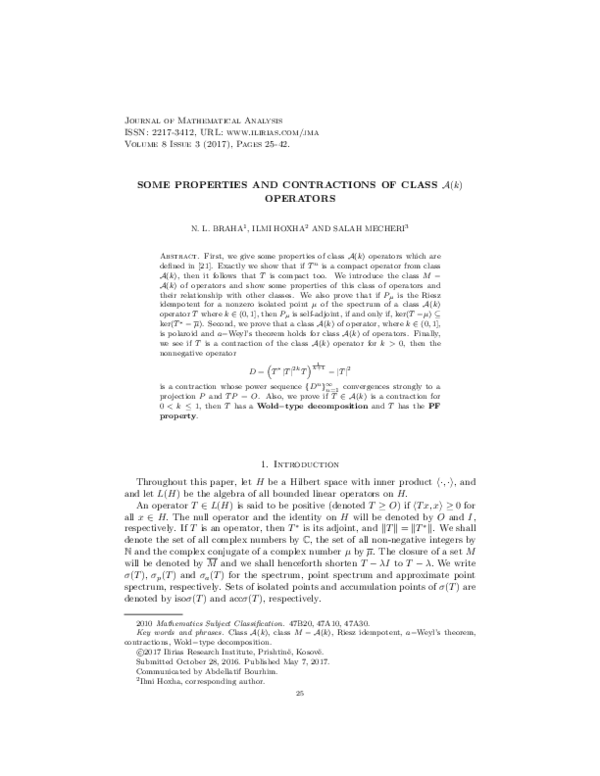 (PDF) SOME PROPERTIES AND CONTRACTIONS OF CLASS A(k) OPERATORS