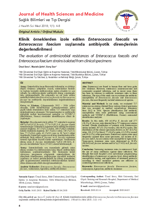 Pdf The Evaluation Of Antimicrobial Resistances Of Enterococcus Faecalis And Enterococcus