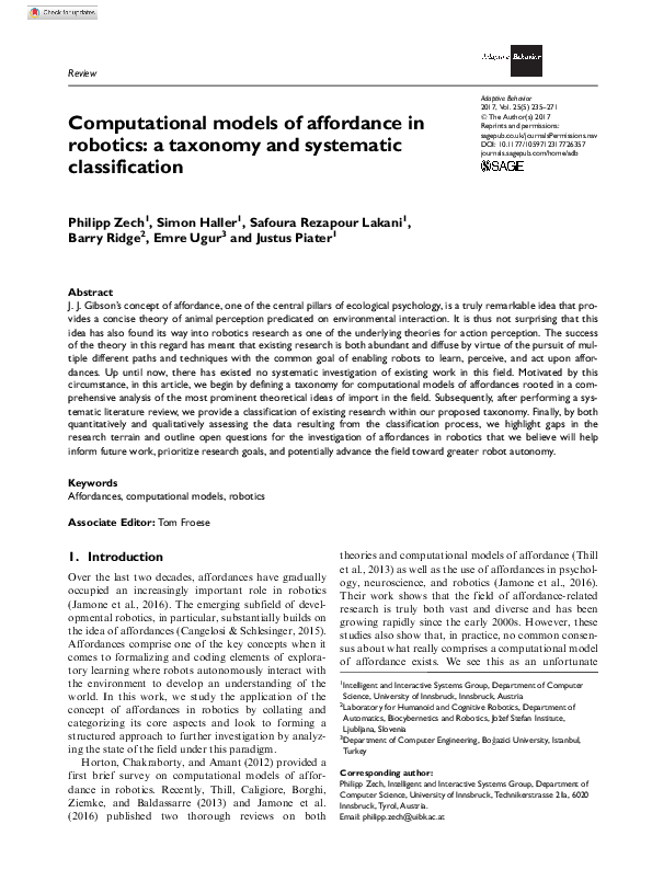 Pdf Computational Models Of Affordance In Robotics A Taxonomy And Systematic Classification