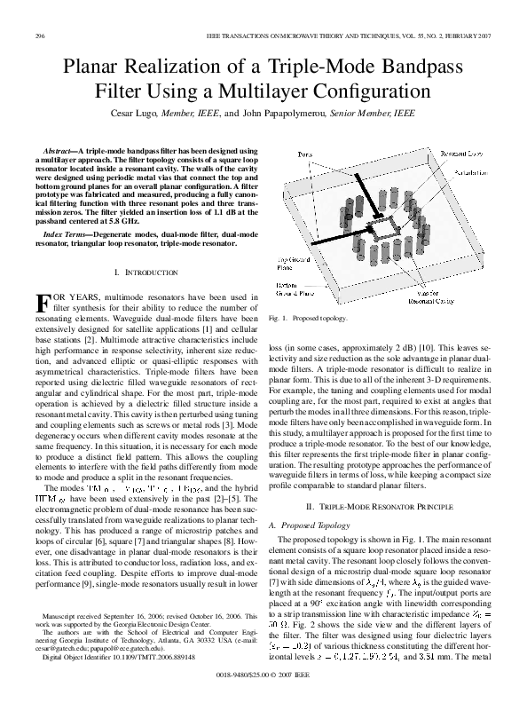 (PDF) Planar Realization of a Triple-Mode Bandpass Filter Using a ...