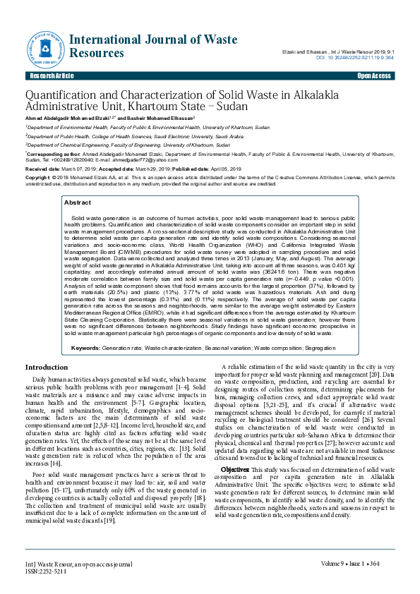 (PDF) Quantification and Characterization of Solid Waste in Alkalakla ...