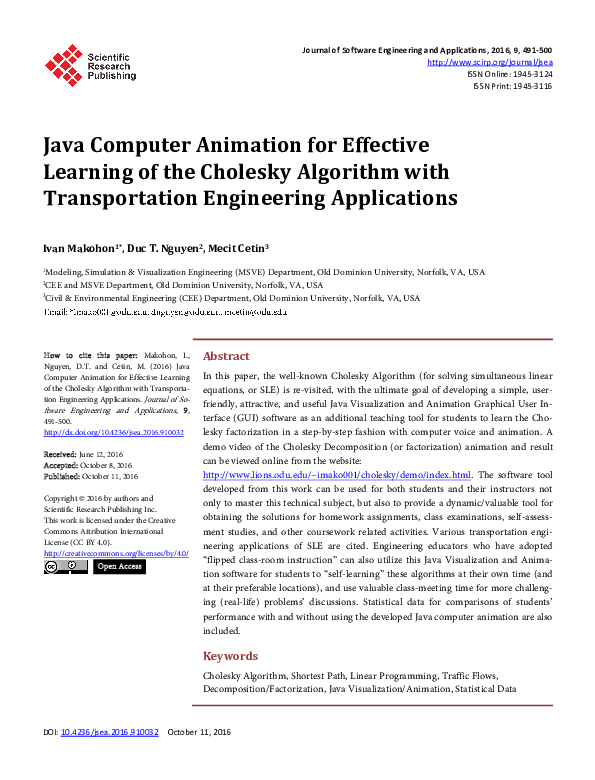 (PDF) Java Computer Animation for Effective Learning of the Cholesky Algorithm with ...