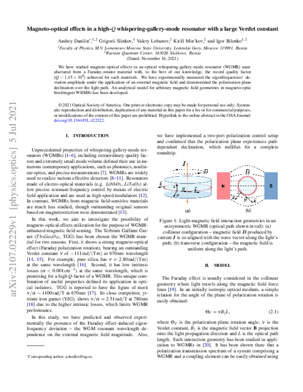 (PDF) Magneto-optical effects in a high-Q whispering-gallery-mode ...