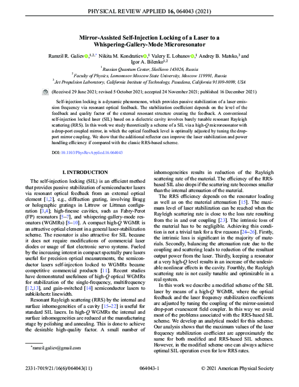 (PDF) Mirror-Assisted Self-Injection Locking of a Laser to a Whispering ...
