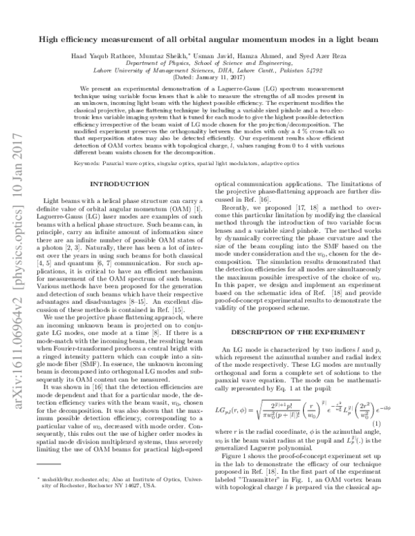 Pdf High Efficiency Measurement Of All Orbital Angular Momentum Modes