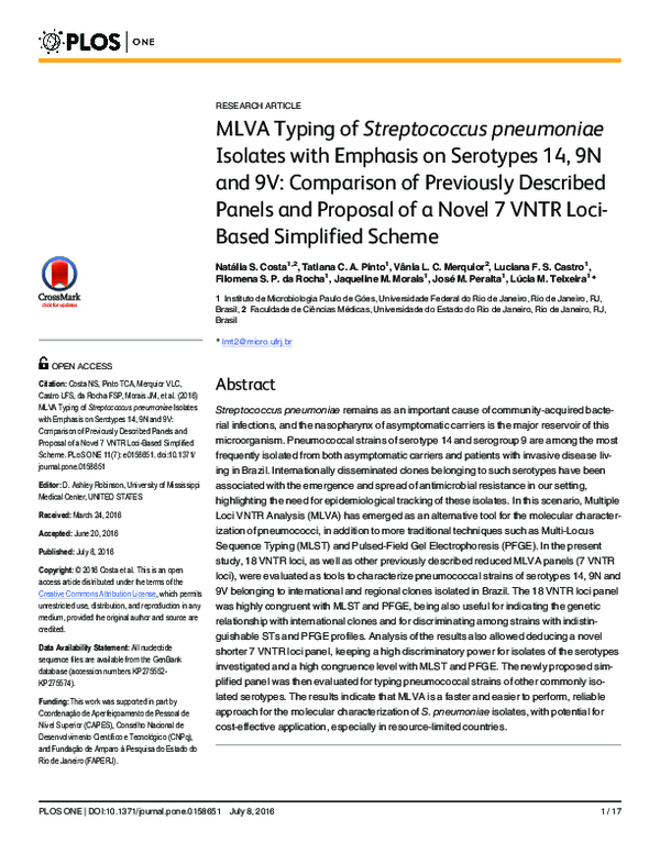 (PDF) MLVA Typing of Streptococcus pneumoniae Isolates with Emphasis on ...