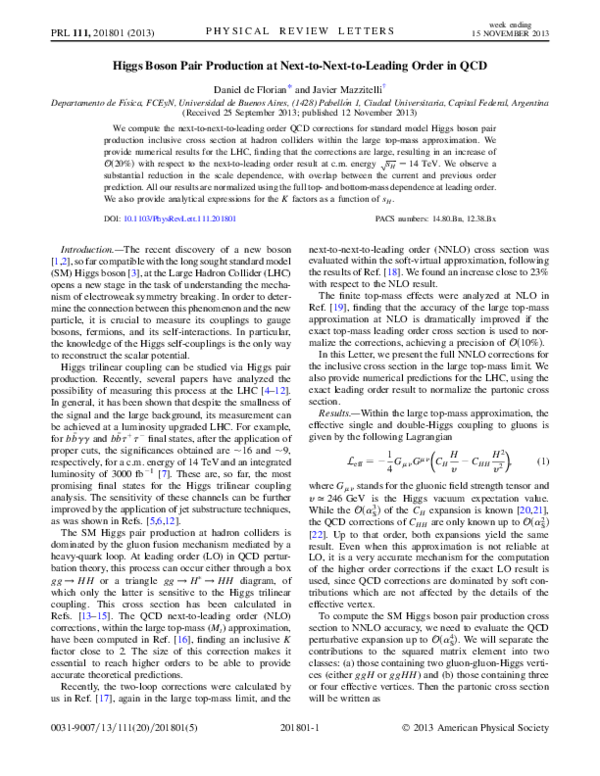 (PDF) Higgs Boson Pair Production at Next-to-Next-to-Leading Order in QCD | Daniel de Florian ...