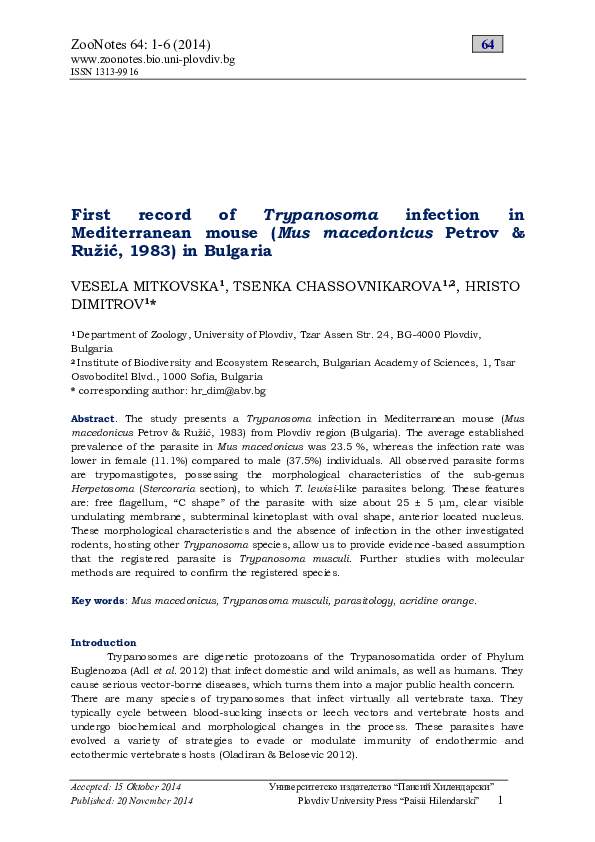 (PDF) First record of Trypanosoma infection in Mediterranean mouse (Mus ...