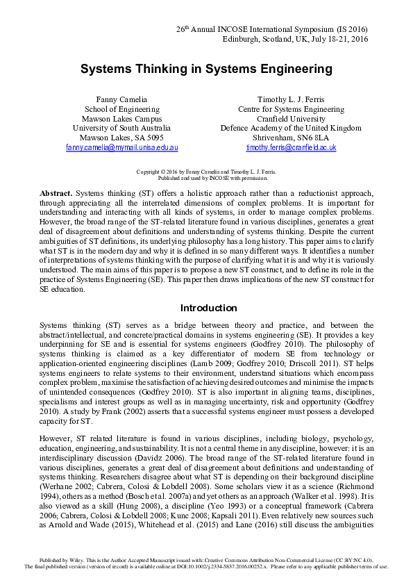 (PDF) Systems Thinking in Systems Engineering