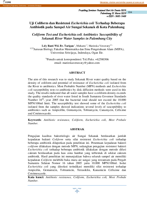 (PDF) Coliform Test and Escherichia coli Antibiotics Susceptibility of ...