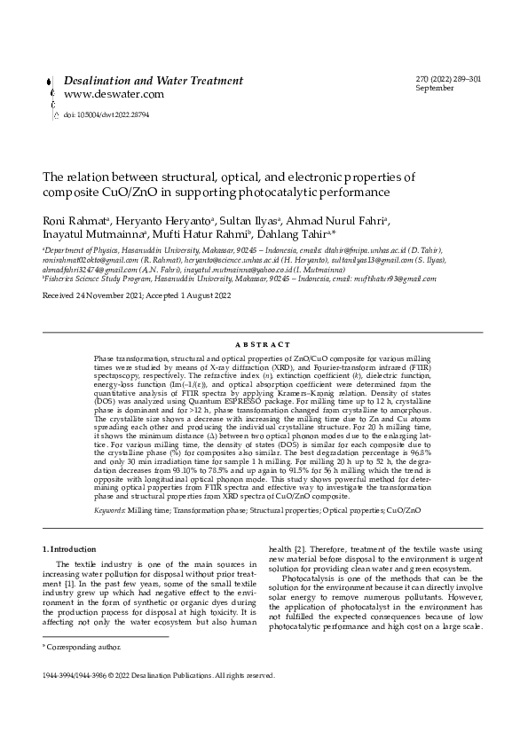 (PDF) The relation between structural, optical, and electronic properties of composite CuO/ZnO ...