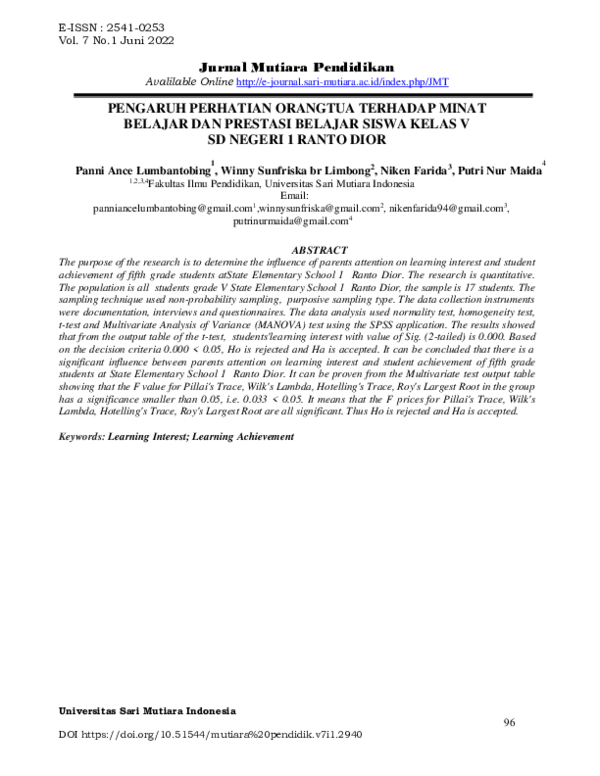 (PDF) Pengaruh Perhatian Orangtua Terhadap Minat Belajar Dan Prestasi Belajar Siswa Kelas V SD ...