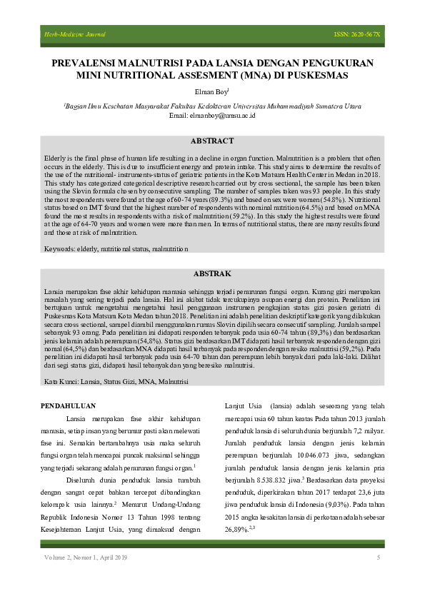 (PDF) Prevalensi Malnutrisi Pada Lansia Dengan Pengukuran Mini Nutritional Asessment (Mna) DI ...