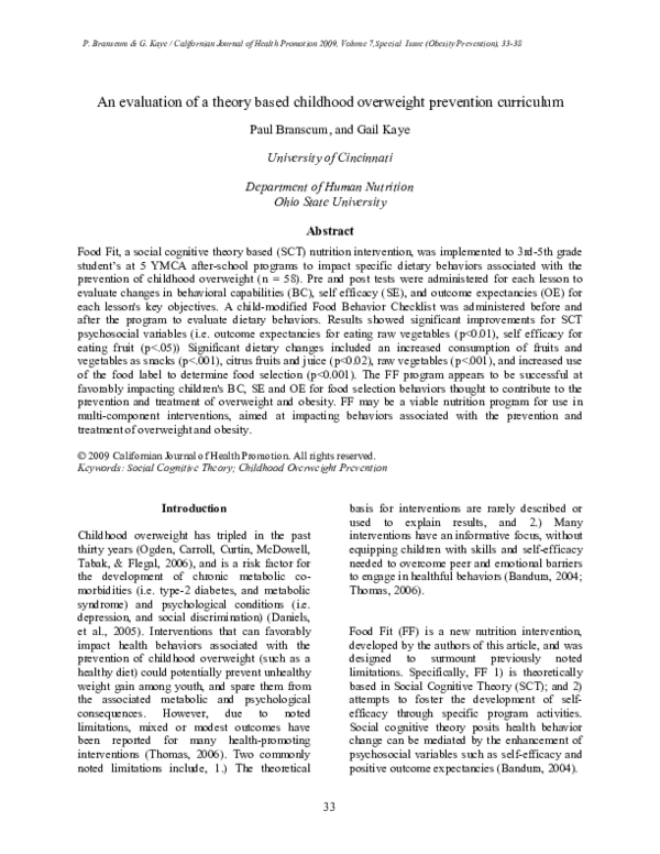 (PDF) Evaluation of a Theory Based Childhood Overweight Prevention Curriculum